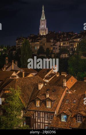 A scenic night aerial view of Bern's old town seen from Rose Garden ...
