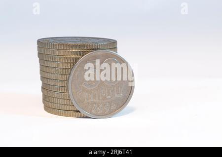 A stack of Armenian dram coins of the luma denomination arranged on a ...