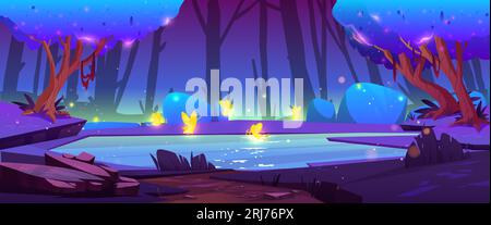 Magic butterflies flying above fairy tale lake in night forest. Vector ...