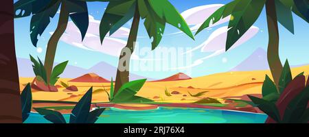 Swamp and palm tree in egypt desert oasis landscape backdrop. Clouds in ...