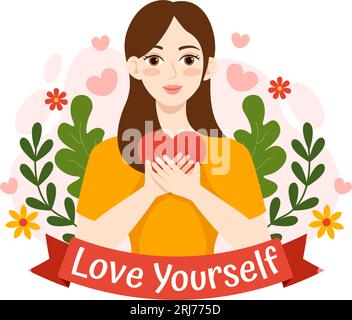 Love yourself, cute cartoon heart character hug. Kawaii heart with ...