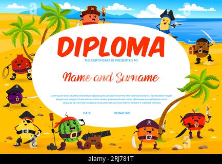 Kids diploma. Cartoon fruit pirate captain and corsairs characters ...