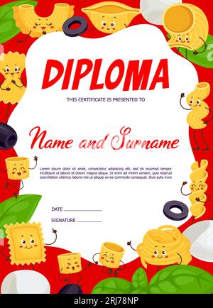Kids chef diploma template with funny italian pasta characters. Vector ...