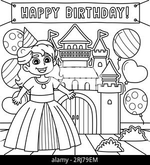 Happy Birthday Princess Coloring Page Illustration Stock Vector Image ...