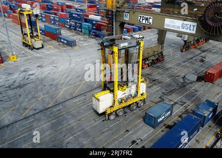 Gantry crane, straddle carrier, container. Shipping terminal wharf or ...