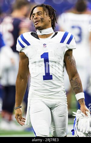 Indianapolis Colts wide receiver Josh Downs (1) runs on the field ...