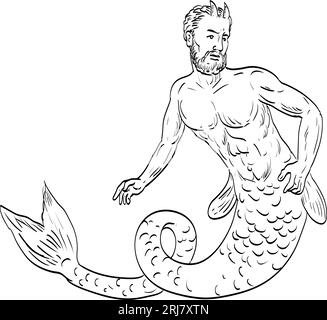 Line art drawing illustration of Merman mythical male equivalent to ...