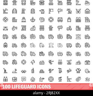 100 lifeguard icons set. Outline illustration of 100 lifeguard icons ...