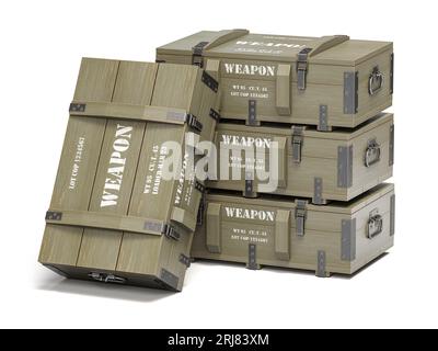 Military wooden crate with weapon on conveyor belt. Weapon production ...