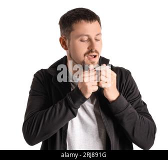 Male junkie with drugs on white background, closeup Stock Photo - Alamy