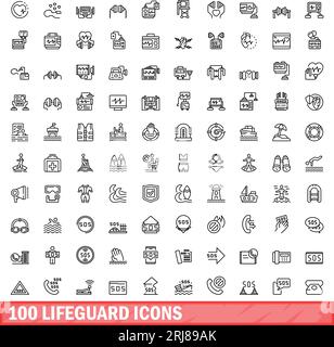 100 lifeguard icons set. Outline illustration of 100 lifeguard icons ...