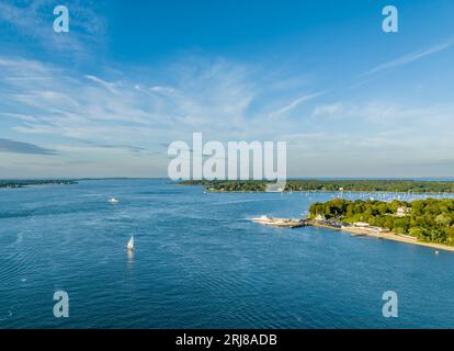 Aerial view of the Shelter Island Ferry coming into Shelter Island, NY ...