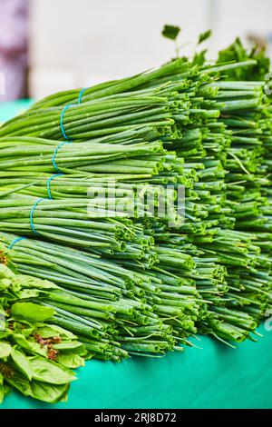 Green onion on the table close up. Wooden desk background Stock Photo ...