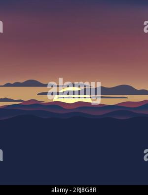 Cartoon drawing of a hill range at sunset with a lake, featuring the ...