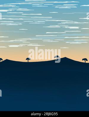 Slightly abstract cartoon drawing of trees far away on a hill landscape ...