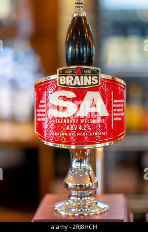 CARDIFF, WALES - JUNE 1: Brains SA beer on sale in a pub on June 1 ...