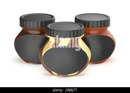 Three glass jars with different hazelnut cocoa spreads on white ...