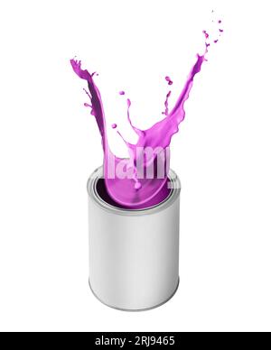 Can with splashing violet paint isolated on white Stock Photo - Alamy