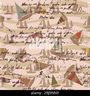 Sailboat seamless pattern, unreadable text, handwritten notes, palm ...