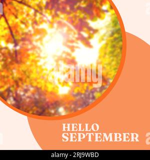 Composite of hello autumn text over autumn trees Stock Photo - Alamy