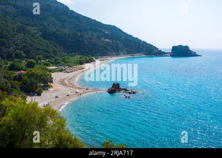 White church in Potami beach with azure sea water, Samos island, Greece ...