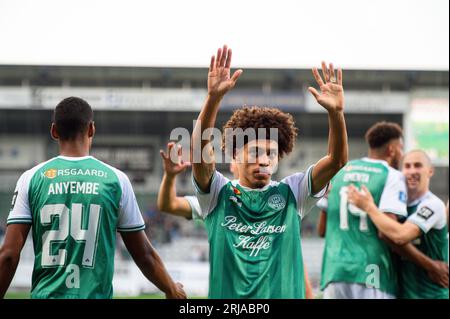 Viborg, Denmark. 21st Aug, 2023. Serginho (7) of Viborg FF and Miiko ...