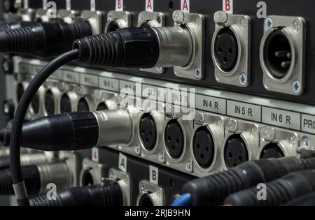 XLR jack cable connected at rear end of equipment,shallow depth Stock ...