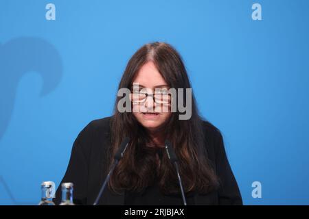 Erfurt, Germany. 22nd Aug, 2023. Jutta Braun, historian speaks at a ...