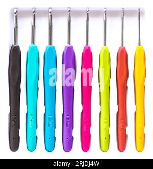 Different size crochet hooks for knitting isolated on white background ...