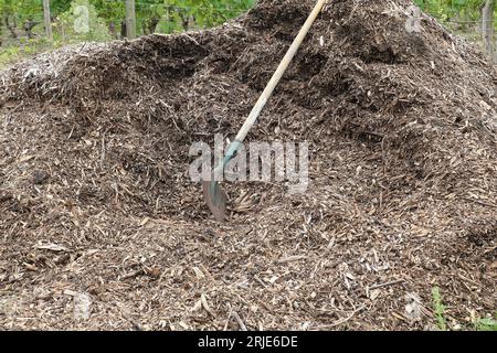 Closeup of a heap of ripe composted wood chip material with the round ...