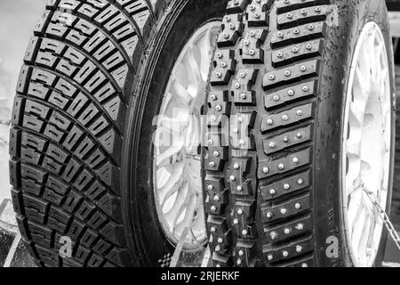 Two types of modern rally tires, studded winter snow and ice tire with ...
