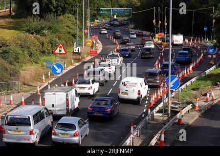 Traffic building up at the Armley Gyratory in Leeds during roadworks to ...