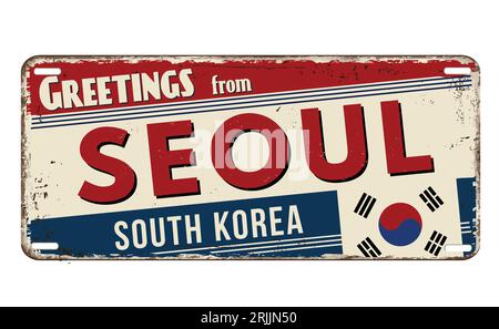 Greetings from South Korea vintage rusty metal sign on a white ...