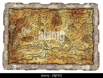 Old fantasy map with medieval unknown land, towns, mountain and trees ...