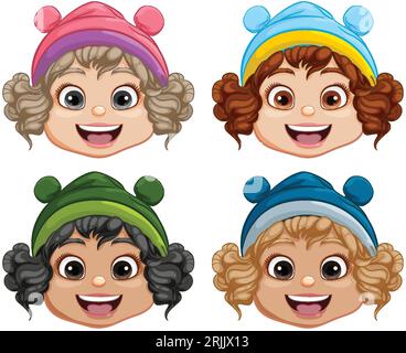 Smiling girl in a beanie and her happy cat. Pixel perfect, editable ...