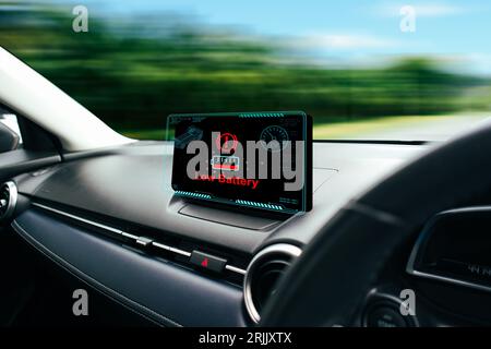 Low battery caution display on screen of a electric car instrument ...