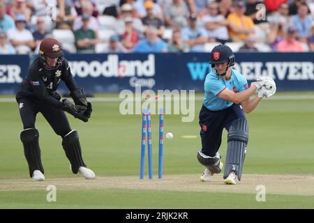 Charlie Allison of Essex is bowled out by Wiaan Mulder during ...
