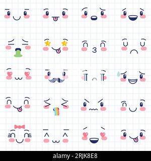 Set of cute kawaii faces with different emotions. Vector illustration ...