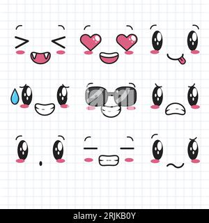Set of cute kawaii faces with different emotions. Vector illustration ...