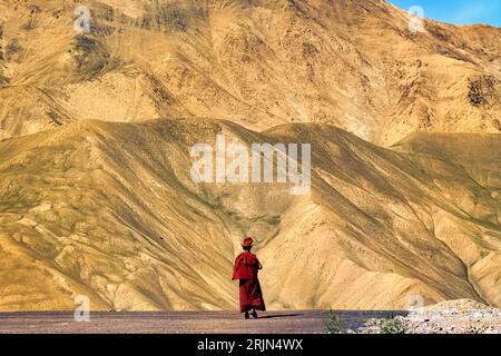 Monk under the mountain, Lingshed, Zanskar, Ladakh, India Stock Photo ...