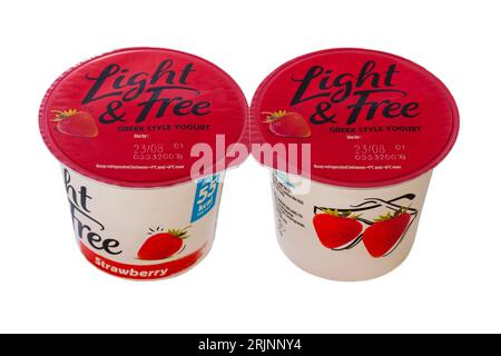 Two pots of Danone Light & Free Greek Style Yogurt strawberry flavour ...