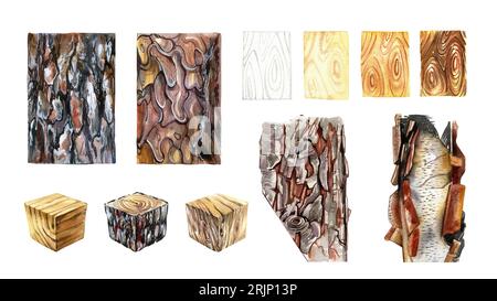 Realistic wooden fibers cube isolated on white background. Watercolor ...