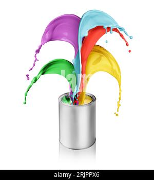 Paint of different colors splashing from cans on white background Stock ...