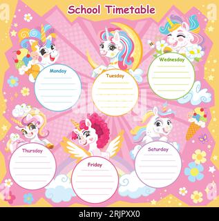 Timetable with cute cartoon unicorns. Rainbow girly weekly planner ...