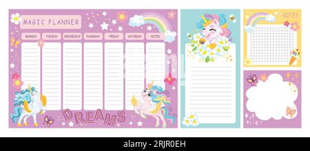 Weekly planner with cute happy unicorns. Kids schedule of classes ...