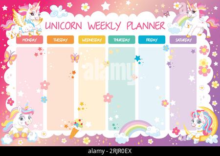 Timetable with cute cartoon unicorns and flowers. Rainbow girly weekly ...