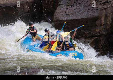 A diverse group of people rafting together in a flowing river Stock ...