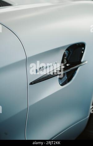 A vertical shot of details on a luxurious Mercedes Benz GT-R AMG car ...