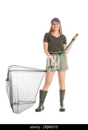 Fisherwoman with landing net on white background Stock Photo - Alamy