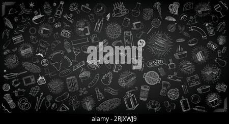 Set of restaurant doodles - food and drinks - on chalkboard background- vector illustration ...